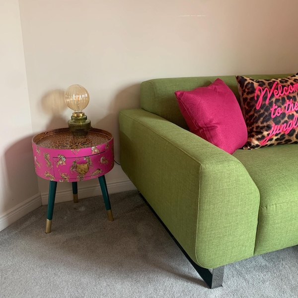 Pink Tiger Square Bedside Table, Two Drawers, Ideal Nightstand. Flamingo and Baby Pink With Gold ...