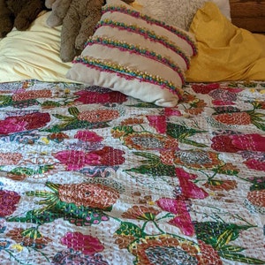 Kantha Quilt Indian Handmade Throw Reversible Blanket Bedspread Cotton ...