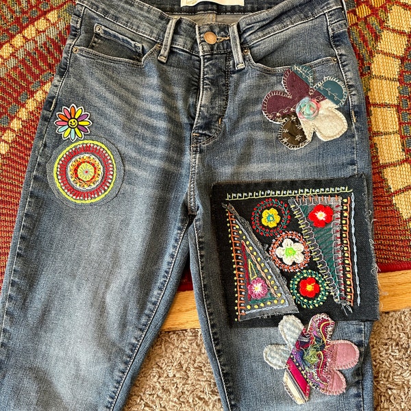 Hand Embroidered Flowers Sew-on Denim Patch; Boho Slow Stitched Patch ...