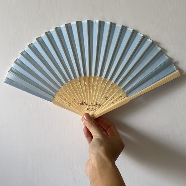 Light Blue Laser Engraved Silk Hand Fans,personalized Bamboo Silk Fans ...