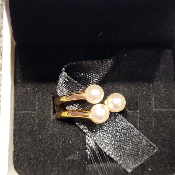 14K Gold Plated Three Pearl Open Ring,gold Plated Ring With Pearl ...