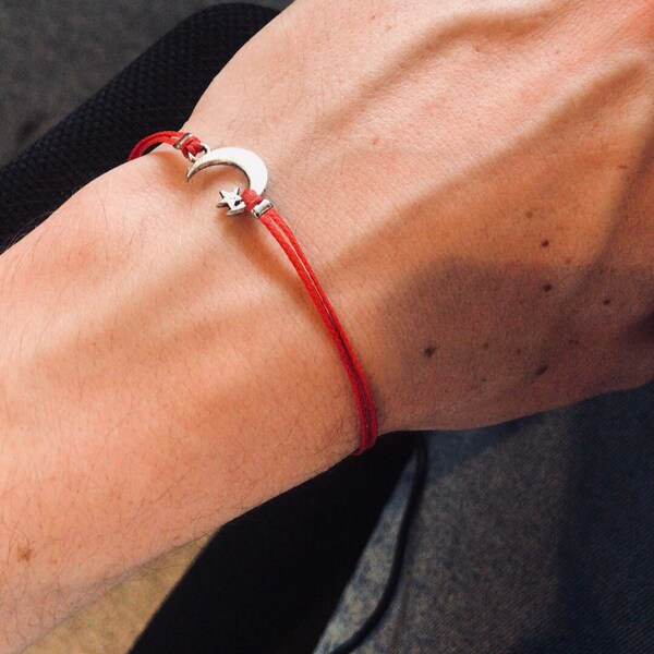 Men's Bracelet Silver Crescent Moon Charm Bracelet for Men Gray String ...