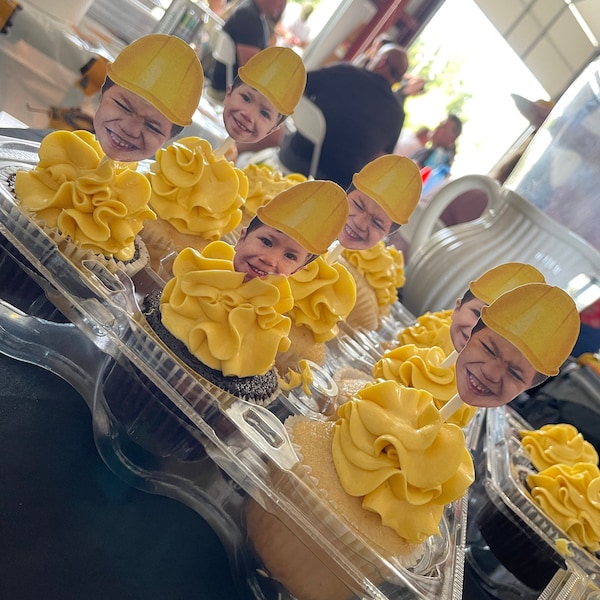 Construction Face Cupcake Toppers, Custom Photo Cake Picks, Digger ...