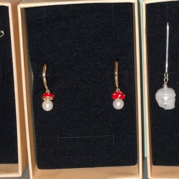 Dainty Mushroom Earrings With Pearl Design by Pearl’s Tale• Minimalist ...