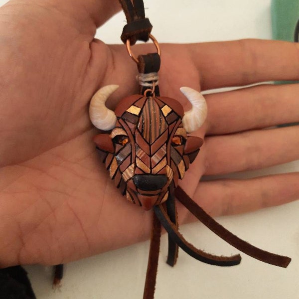 Bison Buffalo Necklace on Western Style Leather Cord, Spirit Animal ...