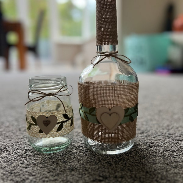 6 X Sage Green and Lace Decorated Jars Ideal for Wedding Centrepieces ...