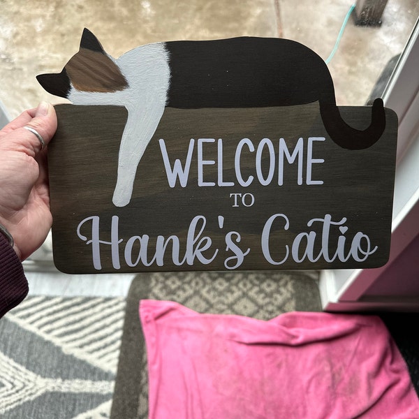 Hand Painted Welcome to the Catio Sign, Wood Cat Shaped Sign, Hanging ...