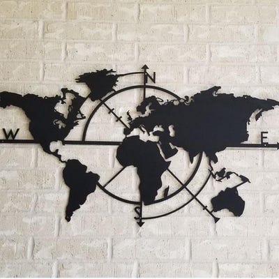 Metal World Map Compass, Metal Wall Decor, Art Work, World Map Wall Art ...