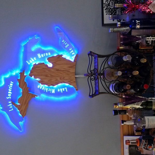 Michigan Wall Sign, Edge Lit Multi-color LED Art Décor, Wood & Acrylic ...