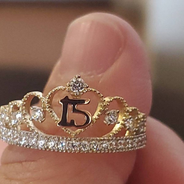 14k 15 Anos Quinceanera Ring / Yellow Gold Cubic Zirconia Crown 15 Ring ...