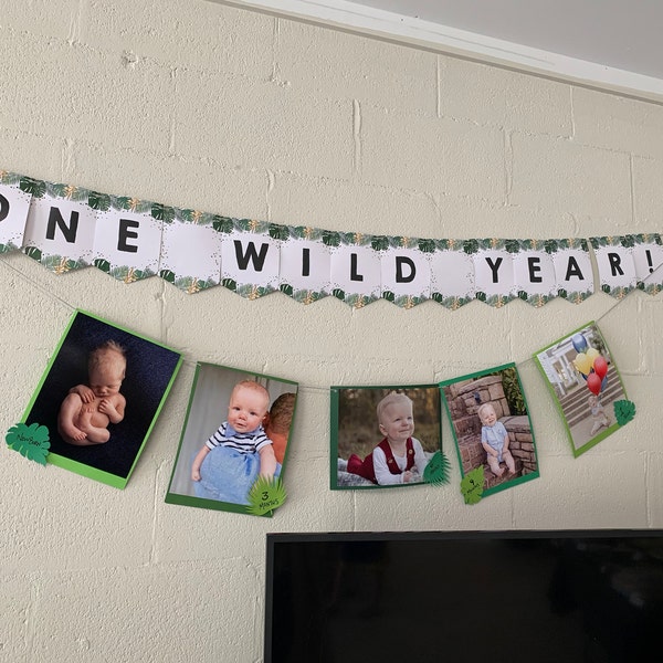 One Wild Year Birthday Banner Wild One Banner Safari Tropical Leaves ...