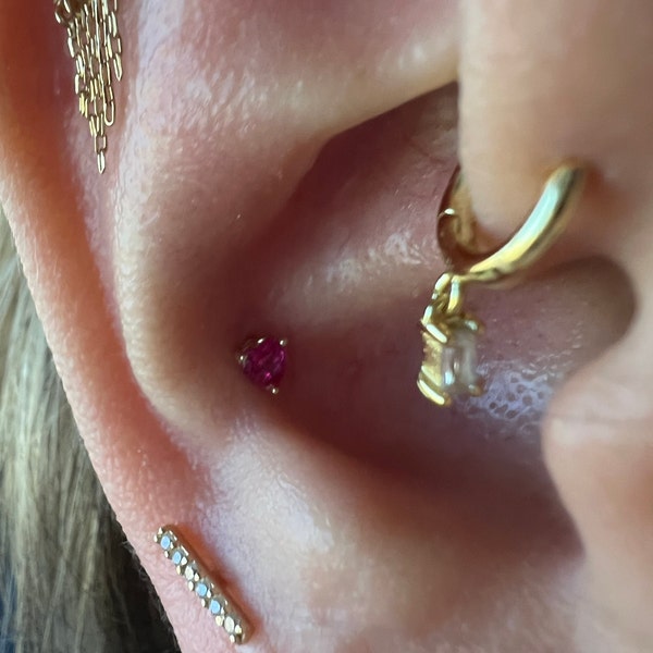 14k Solid Gold Ruby Heart Cartilage Piercing Pink Heart Helix Stud ...