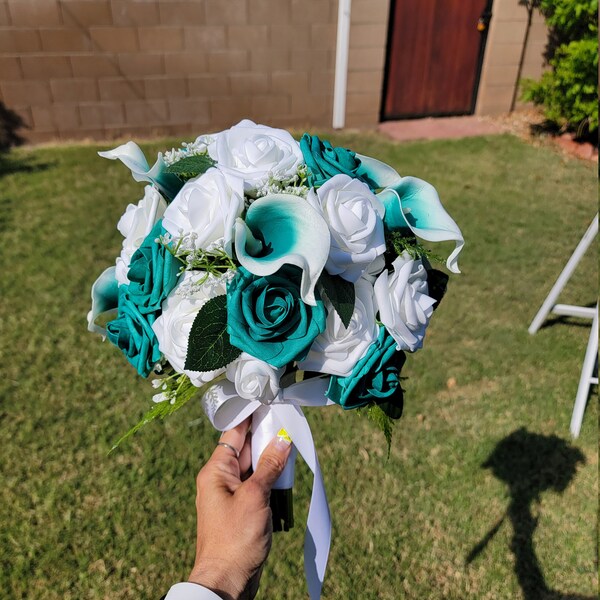 Teal and Ivory Rose Bridal Bouquet, Emerald, Wedding Bouquet ...