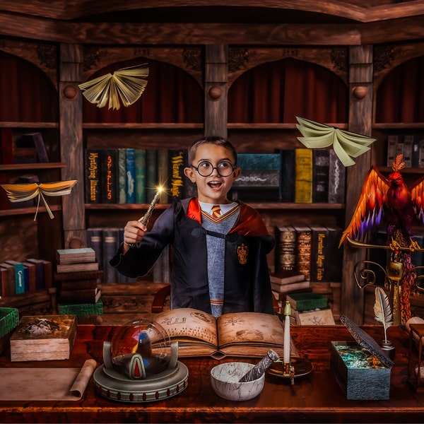 Wizard Office Digital Backdrop, Wizard Desk With Phoenix and Magic ...
