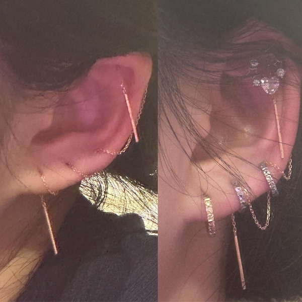 14k Solid Gold Sturdy Extra Long Chain Double Bar Earring, Multiple Piercing Threader, Two Hole ...