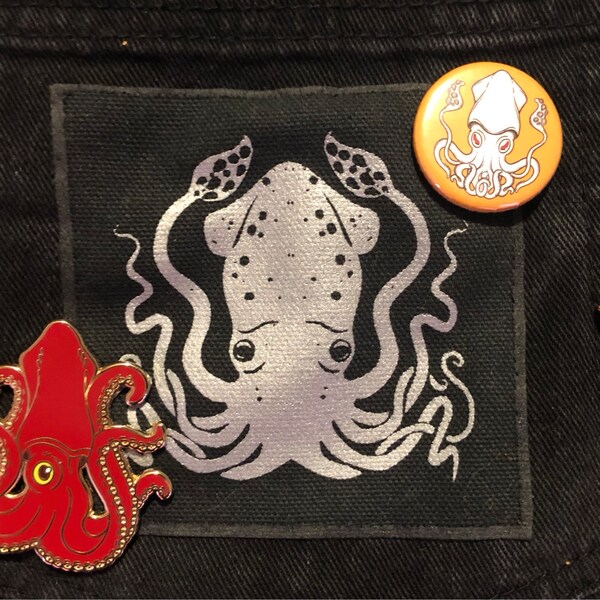 The Kraken- Silver Screen Print Fabric Patch 8x8cm- Squid Lover Gift, Punk, Octopus Lover ...