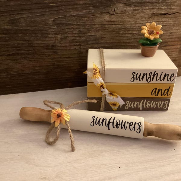 Sunflower Mini Wood Book Stack/ Home Decor/ Wood Books/ Tier Tray Decor ...