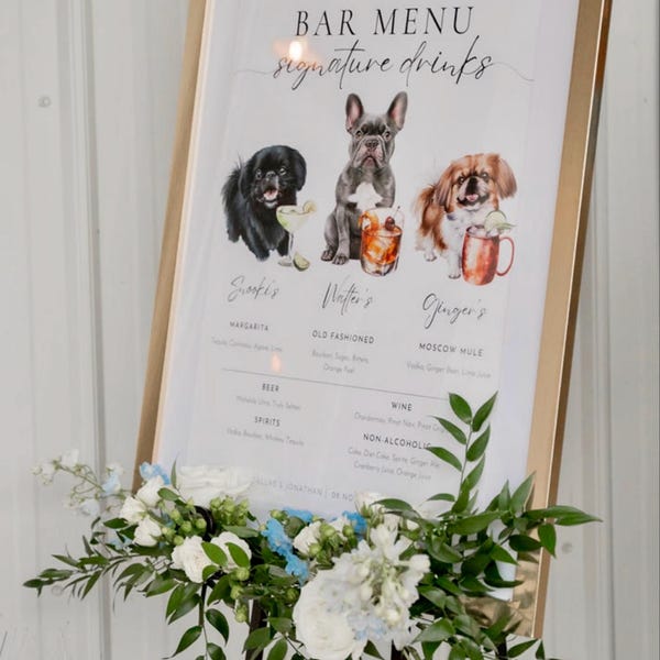 Signature Drink Sign With Dog, Bar Menu Template With Watercolor Drinks ...