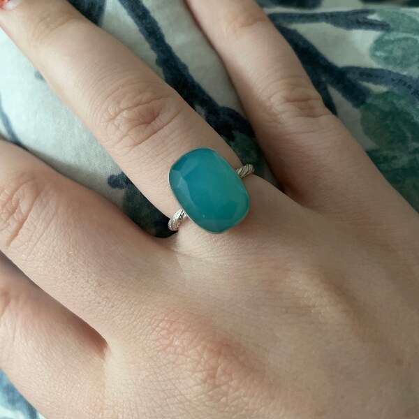 Elegant Rectangle Cushion Cut Aqua Blue Chalcedony Boho Ring Sterling Silver Statement Ring ...