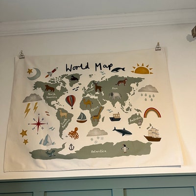 World Map Wall Hanging large, 100% Unbleached Organic Cotton World Map ...