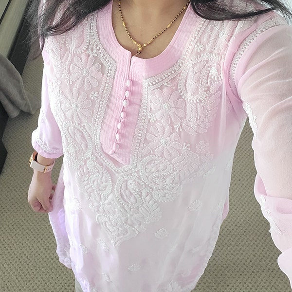 FREE INNER Handmade Lucknow Chikankari Georgette Chikan Long Kurti Full ...