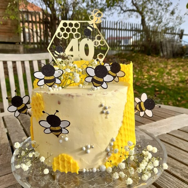 Bee Personalised Honeycomb Gold Cake Topper - One - Gold and Black ...
