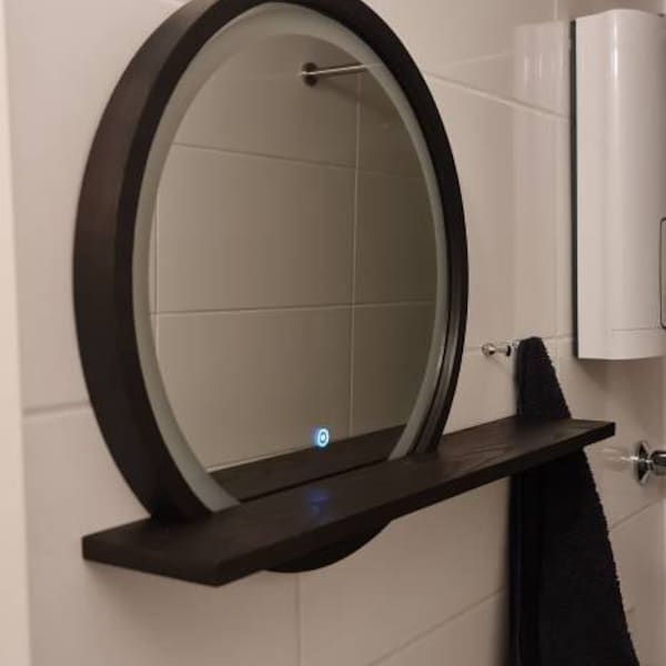 LED Mirror With Shelf, Round Mirror, Wood Mirror Wall Decor, Circle ...