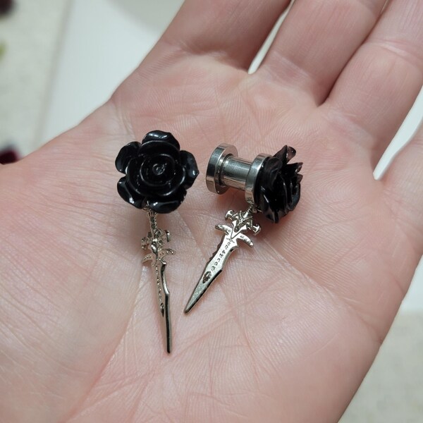 Black Rose Sword Plugs Gauges / 16g, 8g, 6g, 4g, 2g, 0g, 00g, 7/16, 1/2 ...