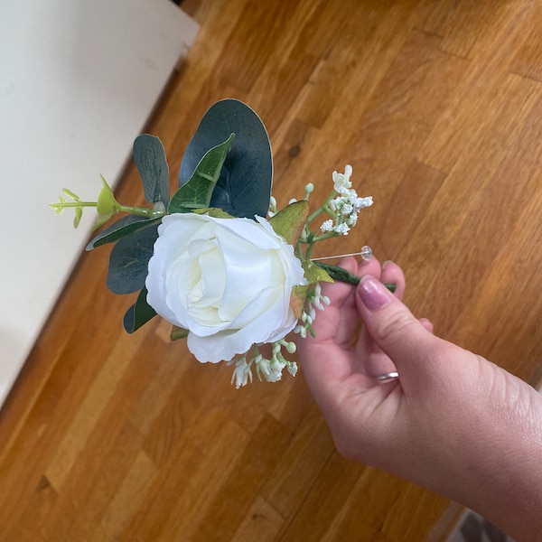 Buttonholes,boutonnières, Artificial Ivory Buttonhole With Eucalyptus ...