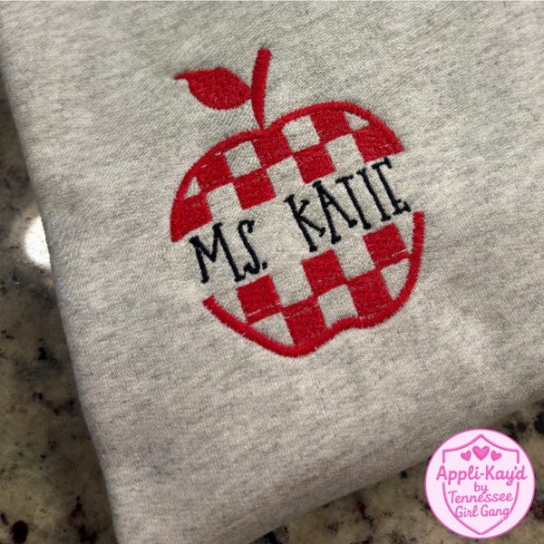 Split Checkered Apple Embroidery Design for Teacher: Retro Applique and ...