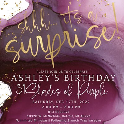 Maroon Adult Surprise Party Invitation Editable Template, Purple Gold ...