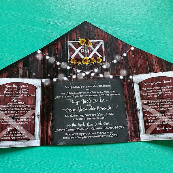 Rustic Red Barn Wedding Invitation With Folding Doors and Strings of ...