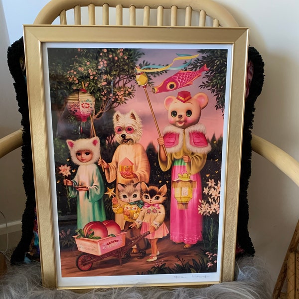 Adoration of the Peaches Print: Fiona Hewitt Signed A3 Asian Kitsch Art ...