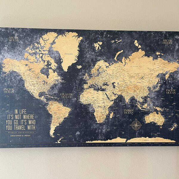 Gold & Navy Textured World Push Pin Map on Premium Canvas With ...