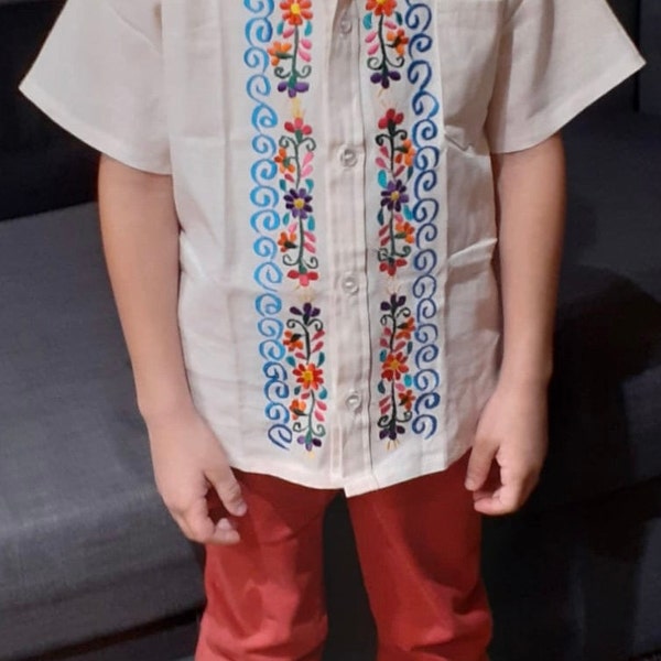 Boys Mexican Traditional Shirt. Floral Embroidered Guayabera for Boys ...