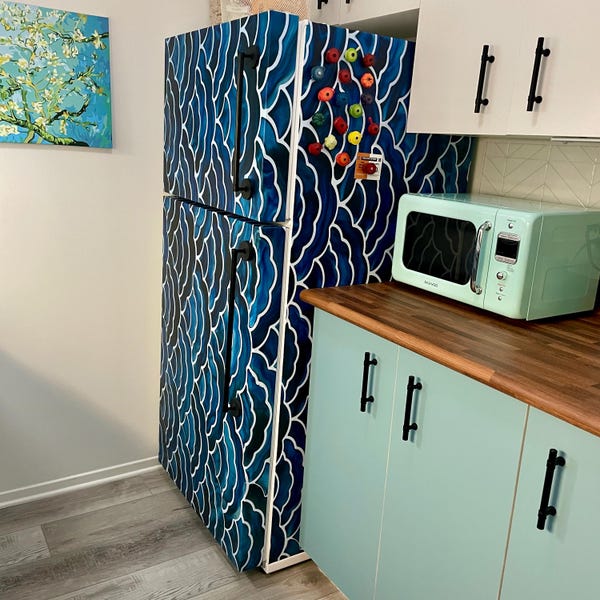 Dark Blue Gold Watercolor Paint Style Refrigerator Fridge Freezer Wrap ...