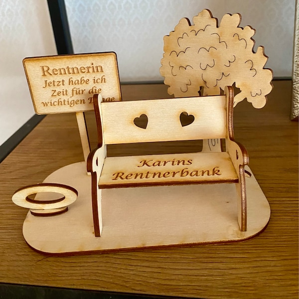 Geschenk zur Rente, große Rentnerbank mit Ortsschild, Geldgeschenk ...
