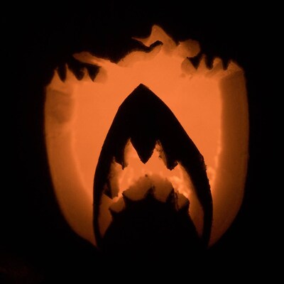 Printable Pumpkin Stencil for Carving JAWS Shark and Swimmer Silhouette ...