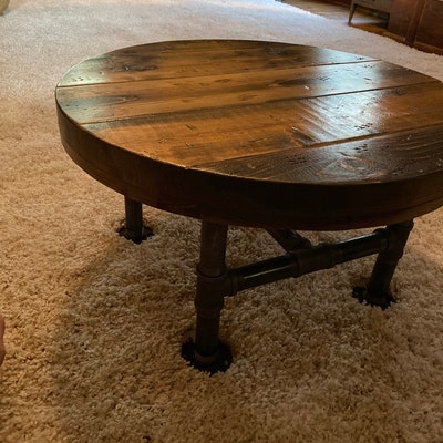 Reclaimed Distressed Round Coffee Table. Heavy Duty Iron Pipe Legs ...
