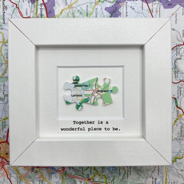 Framed TWO Map Jigsaw Puzzle Piece Paper Art. Long Distance Family or ...