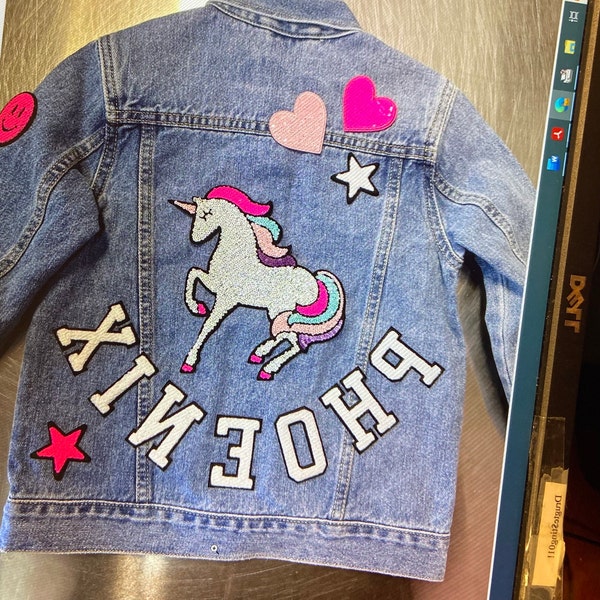 Unicorn Rainbow Custom Kids' Denim Jacket | Chenille Patches | Personalized Denim Jacket - Etsy