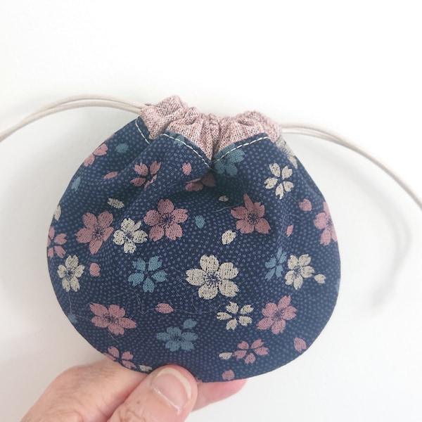 Japanese Mini Pouch, 10cm Handmade Indigo Blue Round Draw-string Bag ...