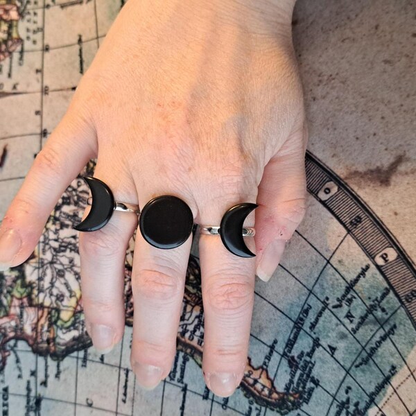 Moon Ring Set / Triple Goddess Rings / Black Moon / Crescent / Full ...