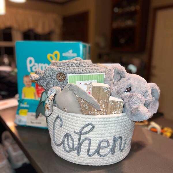 Personalized Baby Shower Gift Basket, Rope Cotton Baby Gift Basket ...