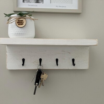 Rustic Wooden Wall-mounted Key Holder Shelf With 4 Hooks Entryway ...