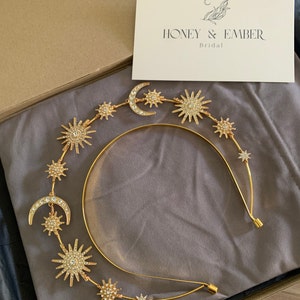 Celestial Gold Halo Tiara, Galaxy Stars and Moon Bridal Crown, Gold ...