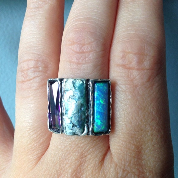 Amethyst, Opal and Roman Glass Silver Ring - Etsy