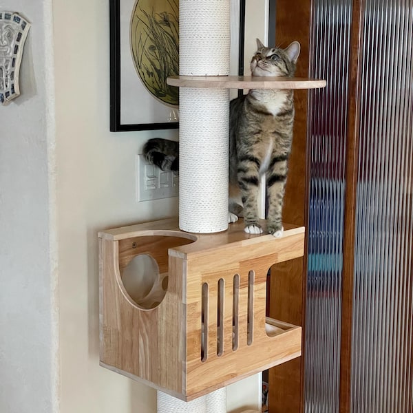 Rubber Wood Cat Tree Floor to Ceiling, No Drilling, Adjustable Height ...