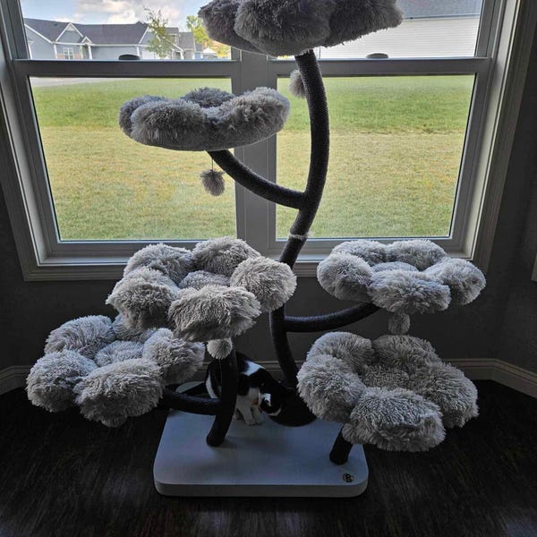 Wood Floral Cat Tree Tower, Wooden Cat Tower, Modern Cat Climbing Tree ...