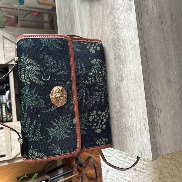 Boho Fern Forest Black Canvas Satchel Bag, Green Crossbody Moon Purse ...